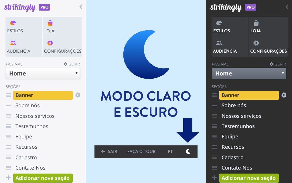 Modo claro e escuro - Atualizações - Strikingly