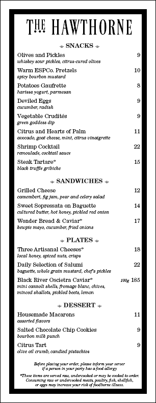 Menus - The Hawthorne